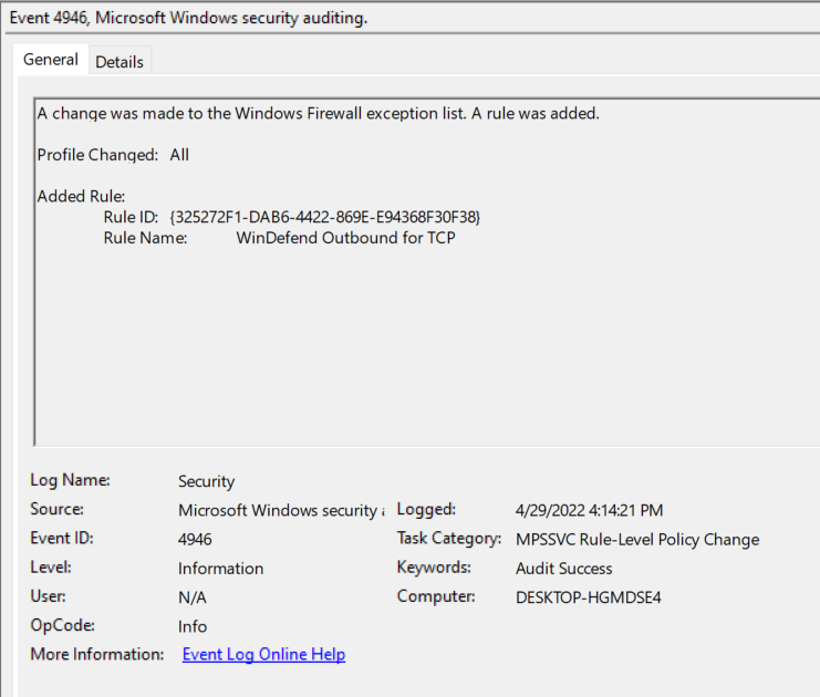 What2Log - Windows Firewall Rule Added